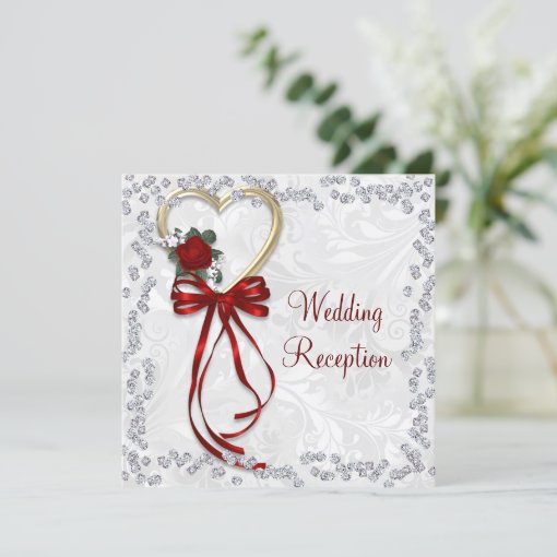 Romantic Rose, Diamonds & Red Ribbon Wedding Invitation | Zazzle