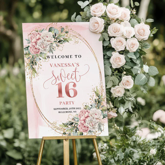 Romantic Rose Gold Floral Sweet Sixteen Welcome Foam Board | Zazzle