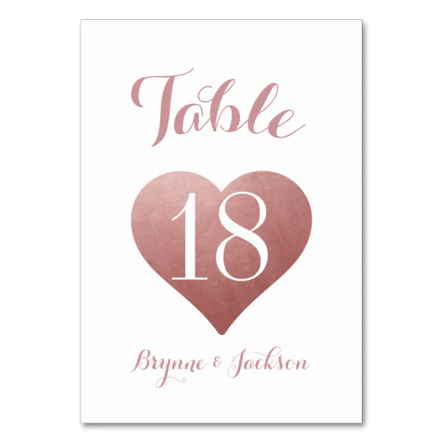 Romantic Rose Gold Pink Heart Wedding Table Number | Zazzle