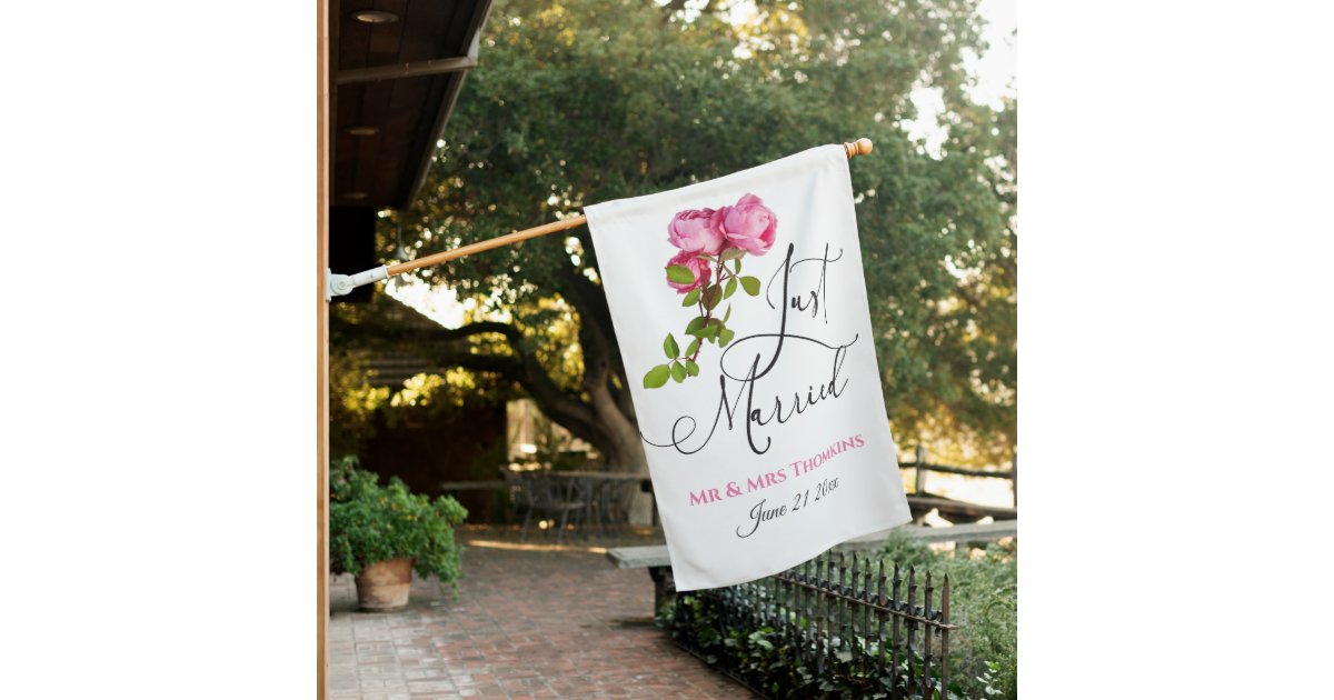 Romantic Rose Just Married Date Wedding House Flag | Zazzle