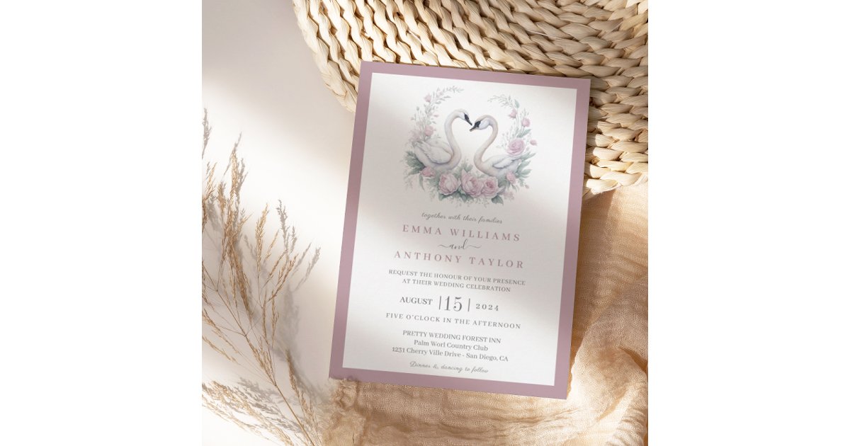 Romantic Rose Swan Wedding Invitation | Zazzle
