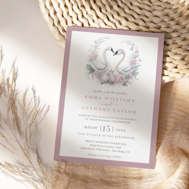 Romantic Rose Swan Wedding Invitation | Zazzle