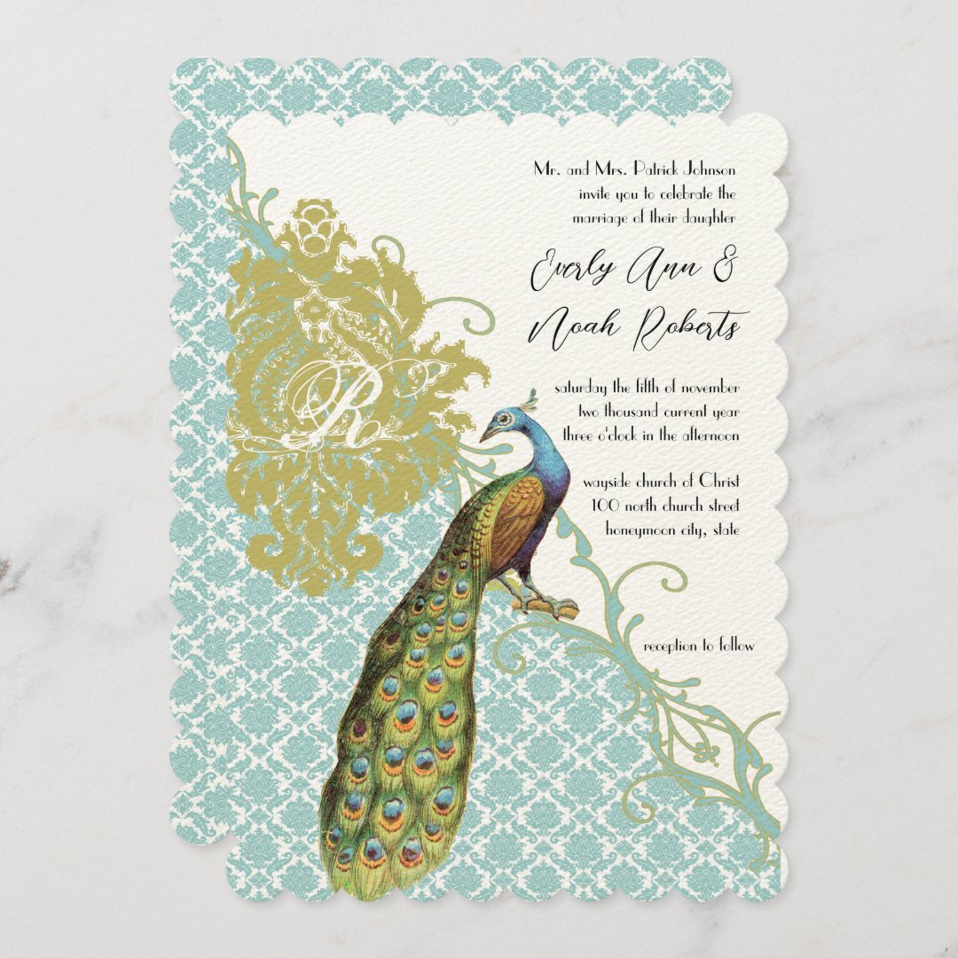 Romantic Rustic Mint Peacock Damask Wedding Invitation | Zazzle