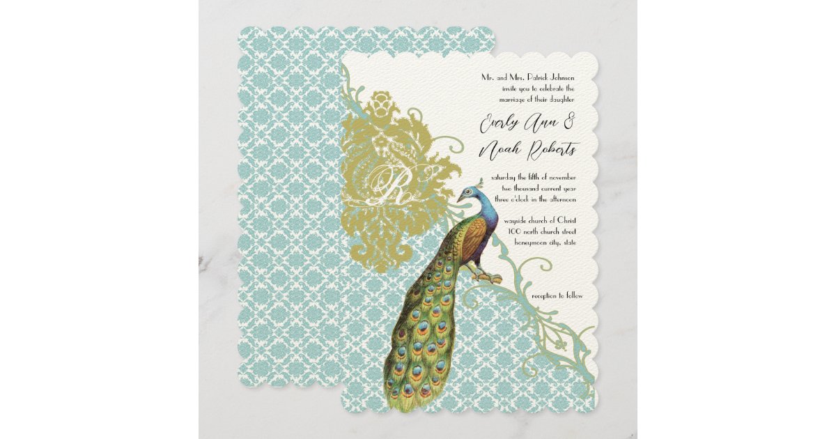 Romantic Rustic Mint Peacock Damask Wedding Invitation | Zazzle
