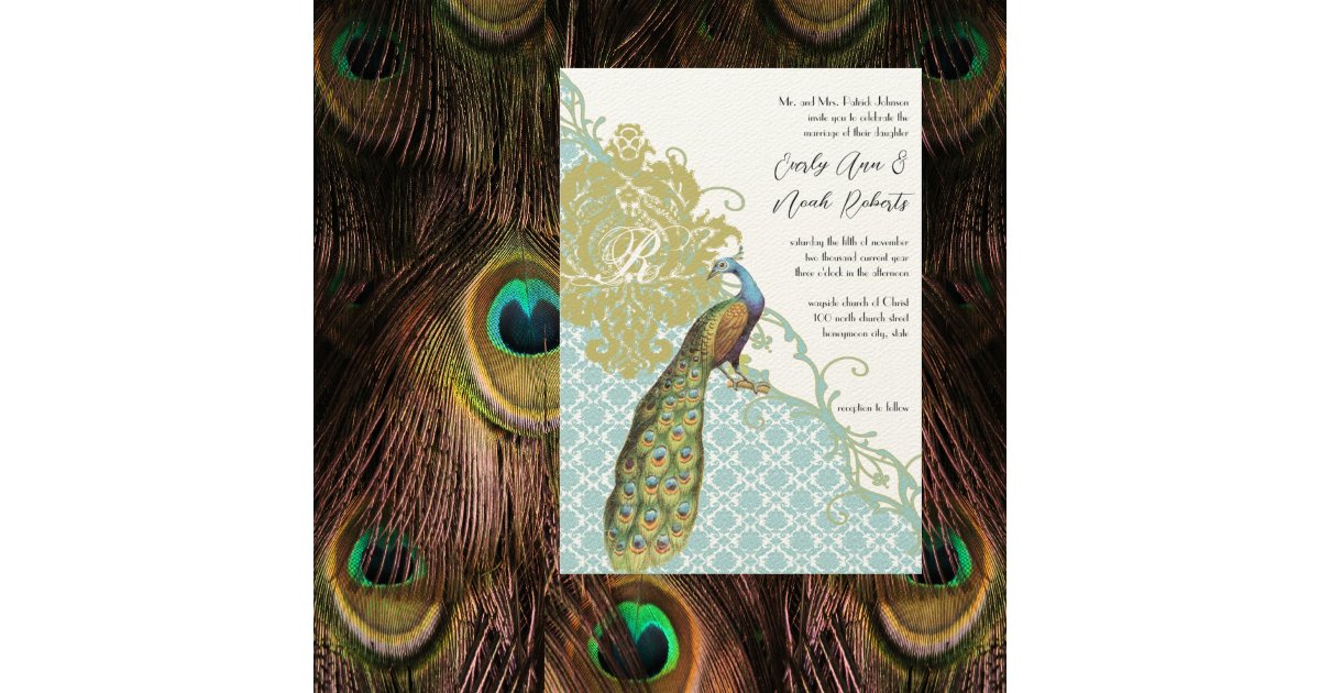 Romantic Rustic Mint Peacock Damask Wedding Invitation | Zazzle