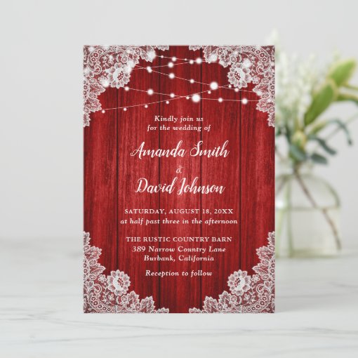 Romantic Rustic Red Wood Lace Wedding Invitation | Zazzle