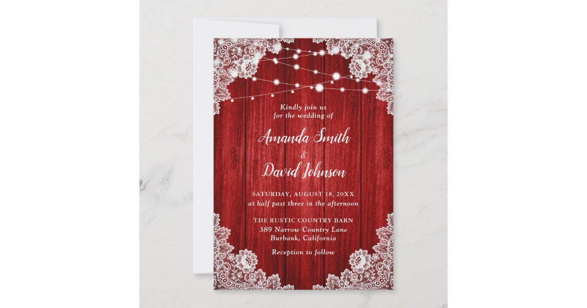 Romantic Rustic Red Wood Lace Wedding Invitation | Zazzle