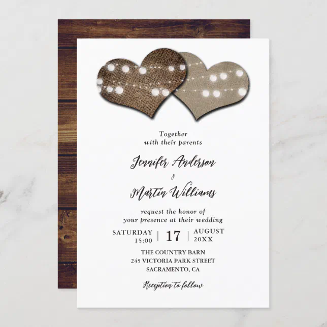 Romantic Rustic Wood Burlap String Lights Wedding Invitation | Zazzle