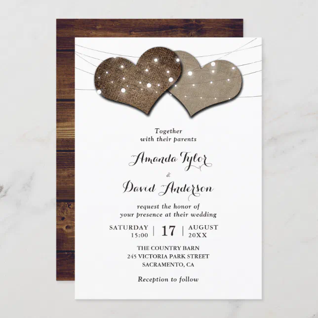 Romantic Rustic Wood Burlap String Lights Wedding Invitation | Zazzle