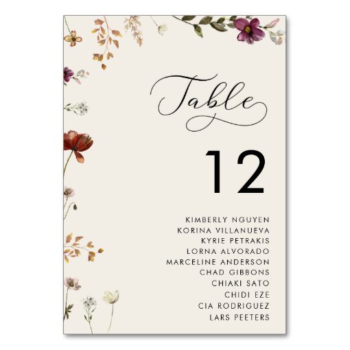 Romantic Script Wildflowers Ivory Seating Chart Table Number | Zazzle