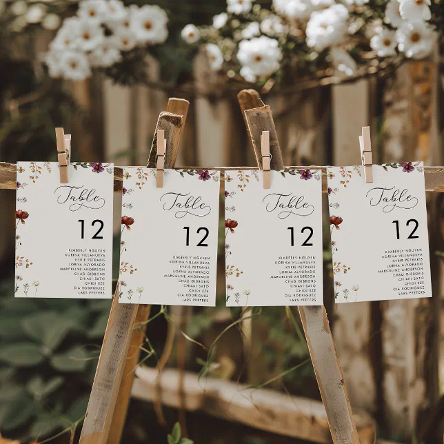 Romantic Script Wildflowers Ivory Seating Chart Table Number | Zazzle