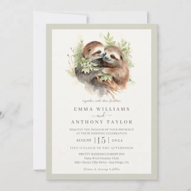 Romantic Sloth Couple Wedding Invitation | Zazzle