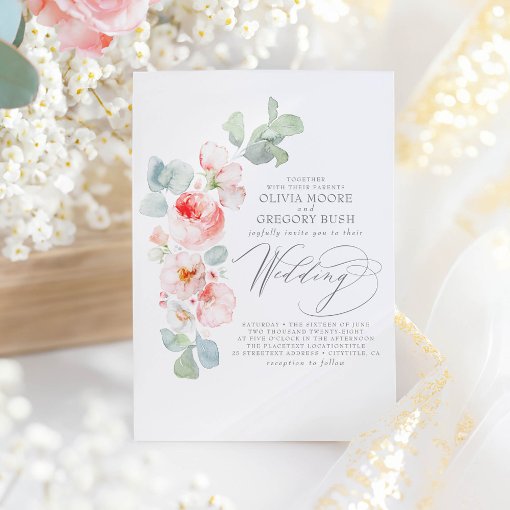 Romantic Soft Pink Flowers Summer Garden Wedding Invitation | Zazzle