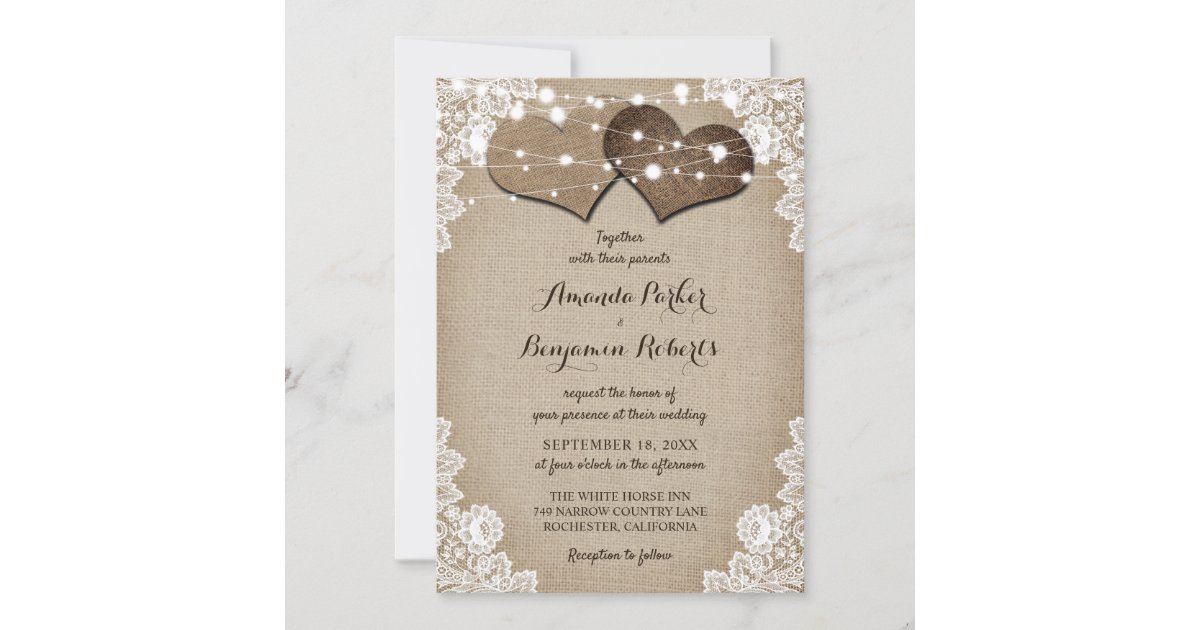 Romantic String Lights Burlap and Lace Wedding Invitation | Zazzle