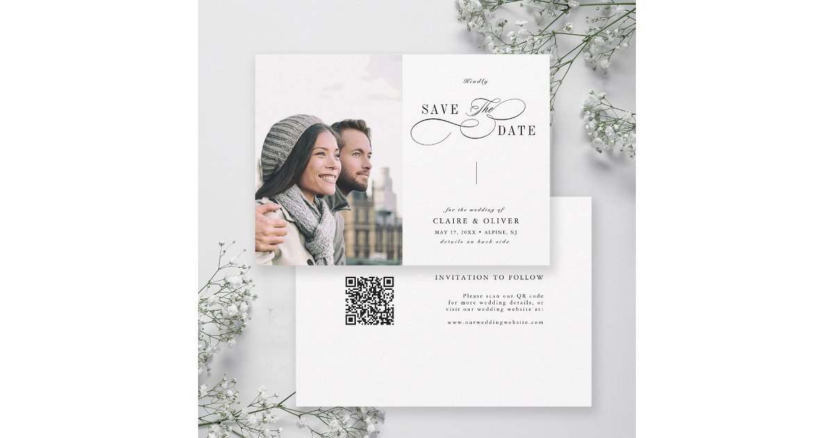 Romantic Swirly Calligraphy QR Code Wedding Photo Save The Date | Zazzle