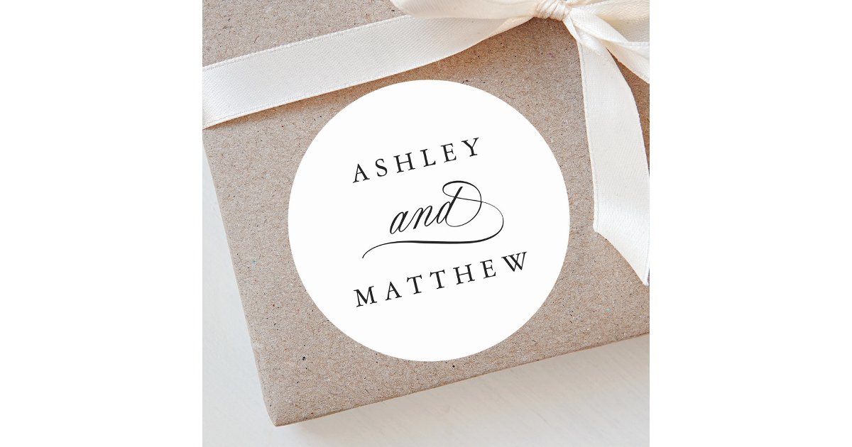 Romantic Swirly Calligraphy Wedding Classic Round Sticker | Zazzle
