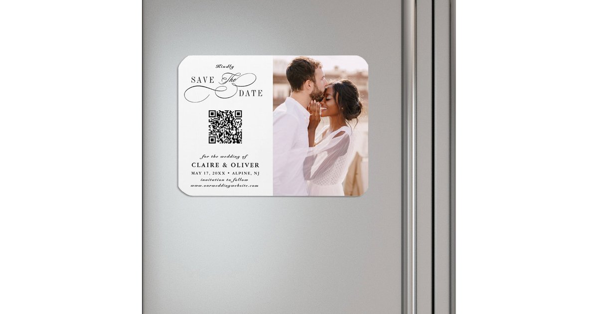Romantic Swirly Script QR Code Save the Date Photo Magnet | Zazzle
