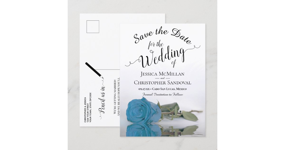 Romantic Turquoise Blue Rose Wedding Save the Date Announcement ...