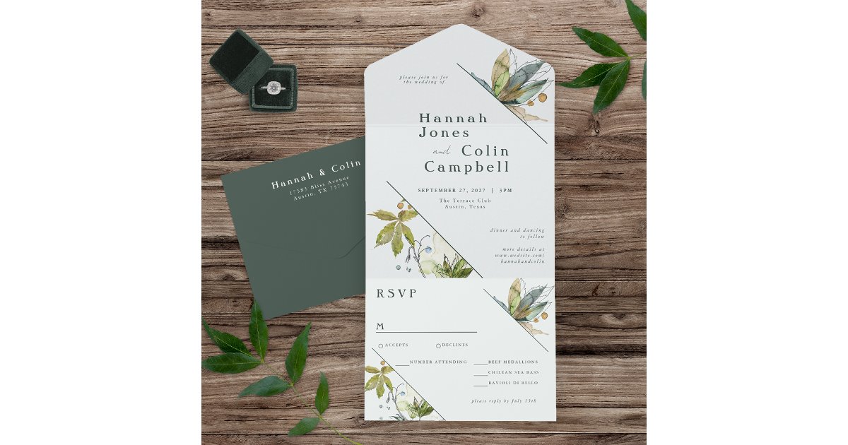 Romantic Vines Minimal Garden Green Blue All In One Invitation | Zazzle