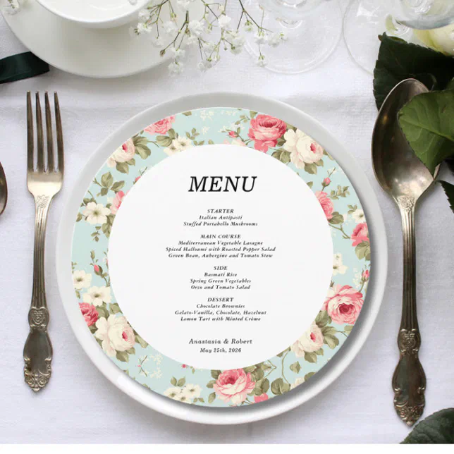 Romantic Vintage Floral Wedding Round Menu Card | Zazzle