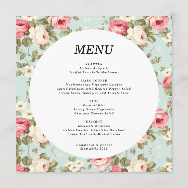 Romantic Vintage Floral Wedding Round Menu Card | Zazzle