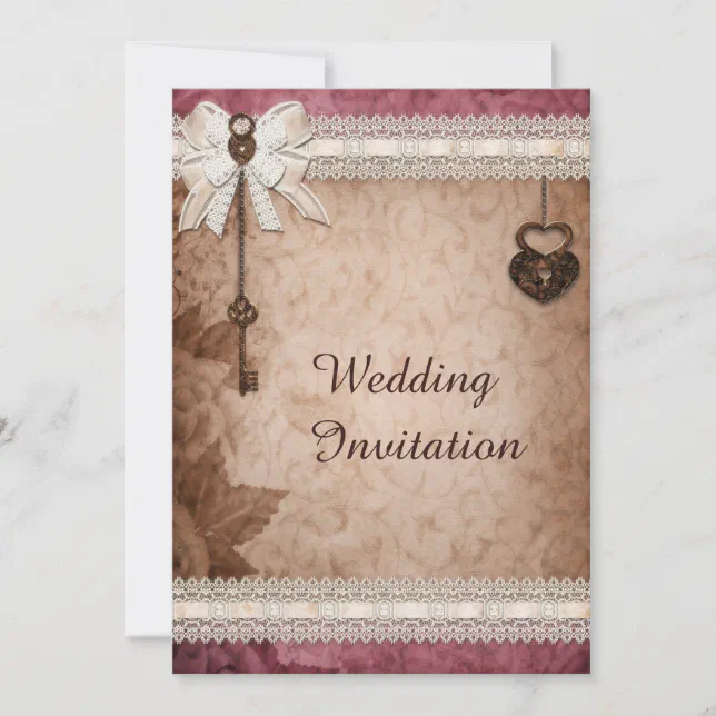 Romantic Vintage Hearts Locks and Keys Wedding Invitation | Zazzle