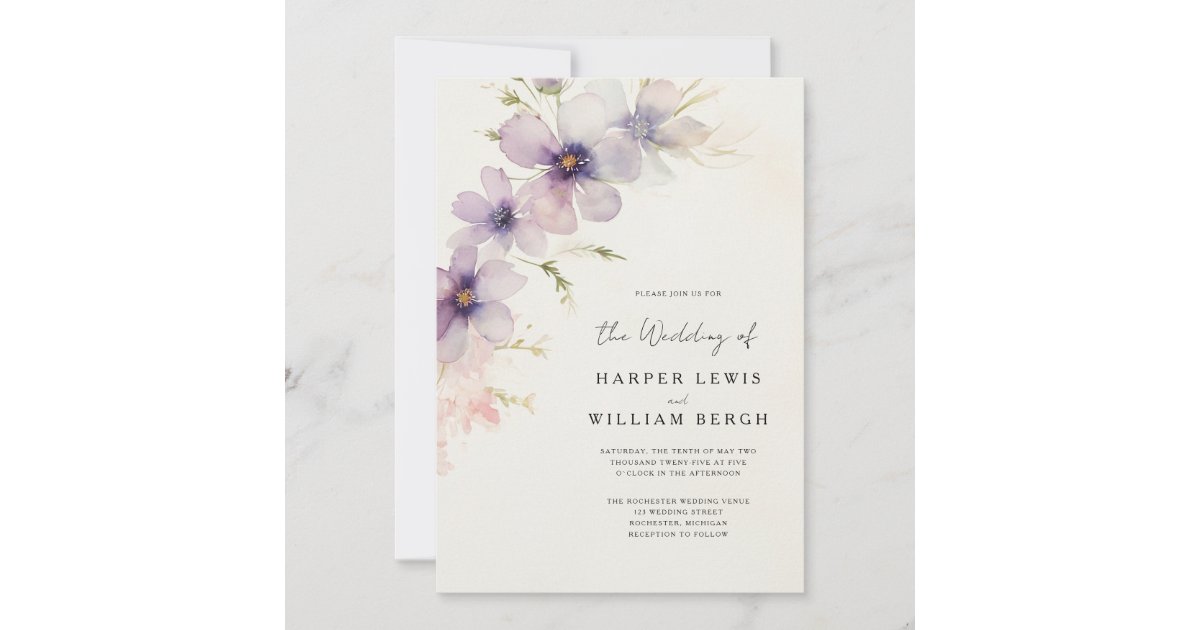 Romantic watercolor cosmos flowers qr code wedding invitation | Zazzle