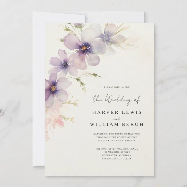 Romantic watercolor cosmos flowers qr code wedding invitation | Zazzle