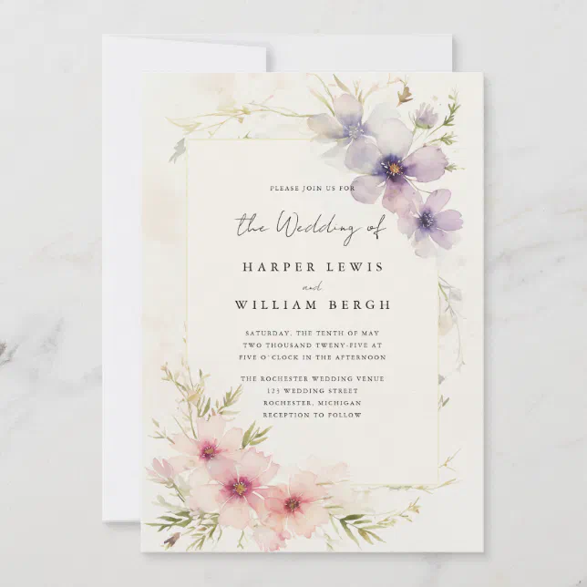 Romantic watercolor cosmos flowers qr code wedding invitation | Zazzle