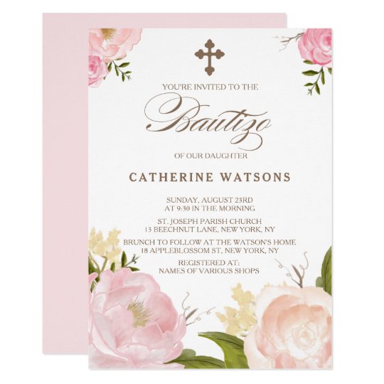 Romantic Watercolor Flowers & Cross Bautizo Invitation | Zazzle.com
