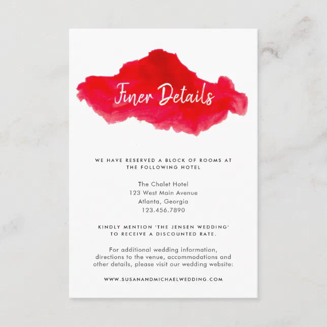 Romantic Watercolor Red Wedding Details Card | Zazzle