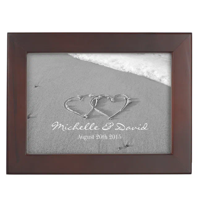 Romantic wedding keepsake box with hearts in sand | Zazzle