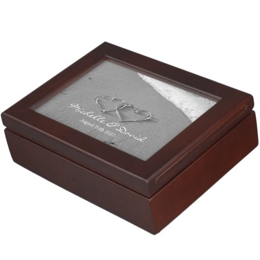Romantic wedding keepsake box with hearts in sand | Zazzle