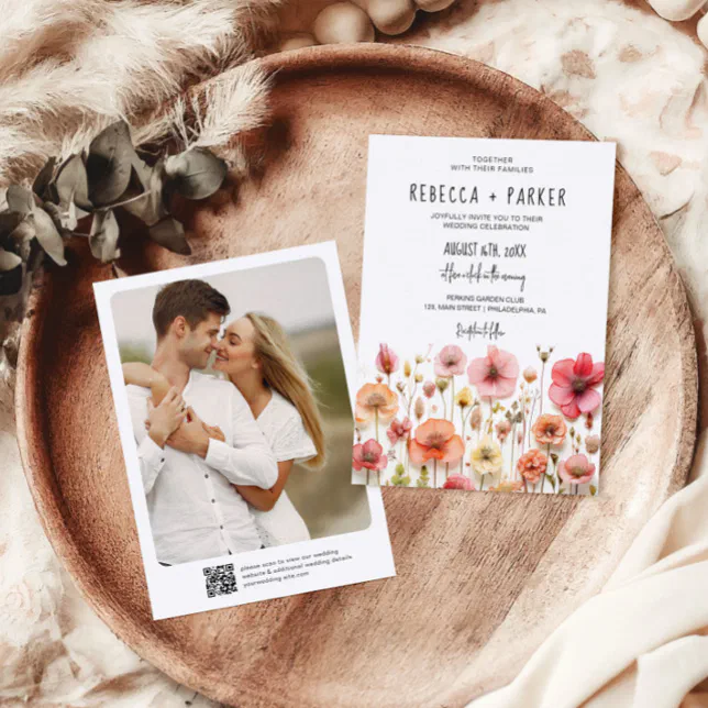 Romantic wedding qr code RSVP on back Invitation | Zazzle