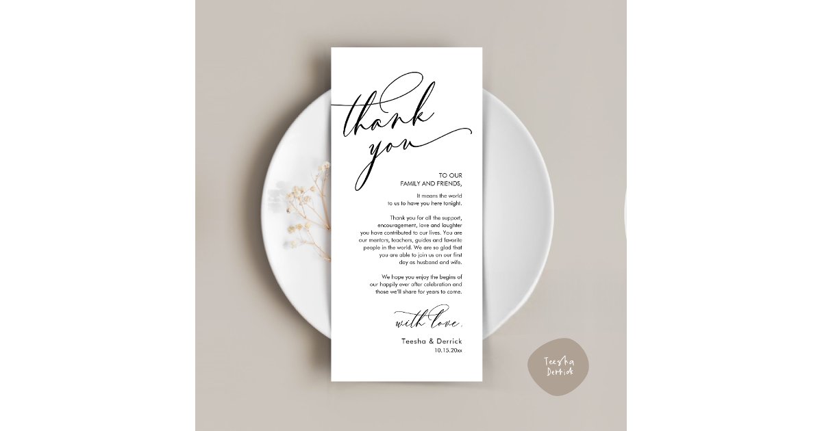 Romantic Wedding Thank You Place Setting Card | Zazzle