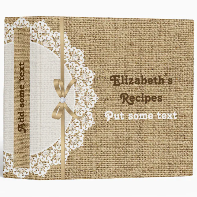 Romantic white doily with lace and burlap recipe binder | Zazzle