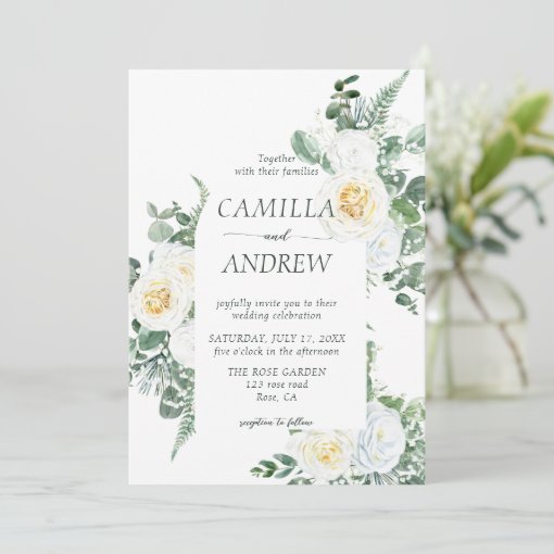 Romantic White Flowers and Greenery Wedding Invitation | Zazzle