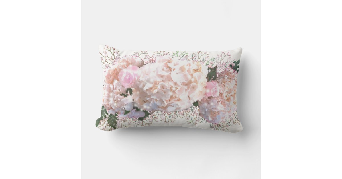 Romantic white lace hydrangeas pink roses lumbar pillow | Zazzle