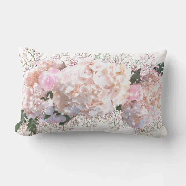 Romantic white lace hydrangeas pink roses lumbar pillow | Zazzle