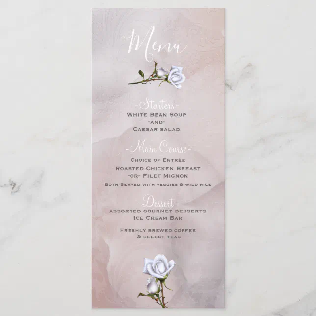 Romantic White Roses Elegant Glam Wedding Menu | Zazzle