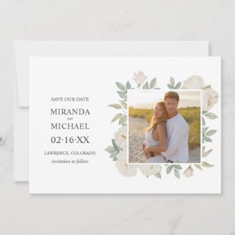 Romantic White Roses Elegant WEDDING PHOTO Save The Date | Zazzle