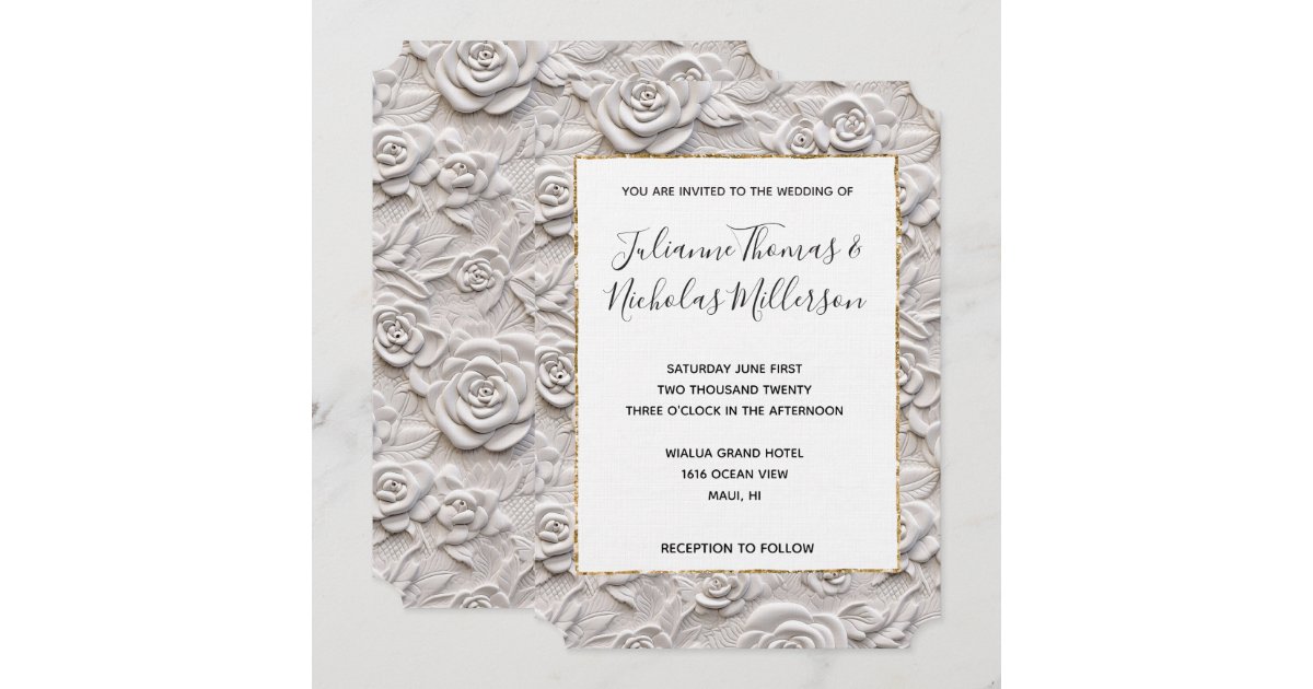 Romantic White Roses Faux Leather Wedding Invitation | Zazzle