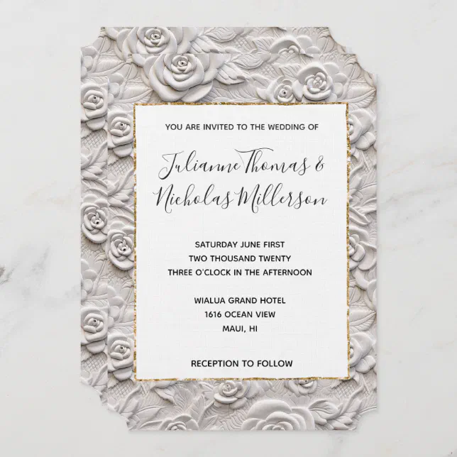 Romantic White Roses Faux Leather Wedding Invitation | Zazzle