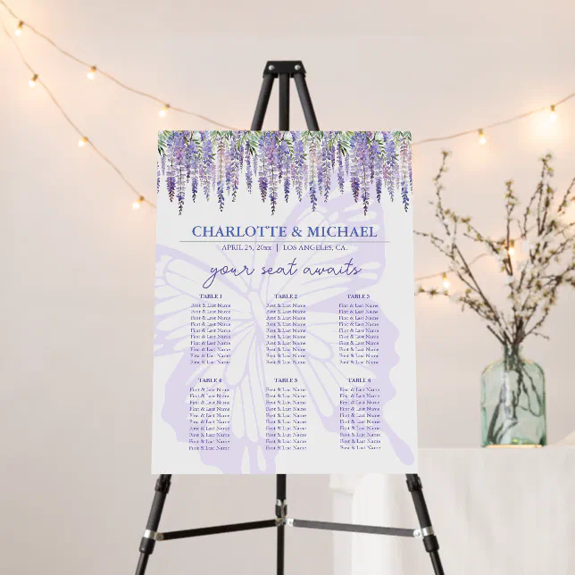 Romantic Wisteria 6 Table Wedding Seating Chart Foam Board | Zazzle