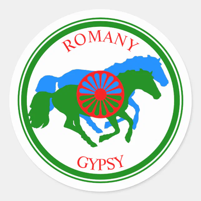 Romany Gypsy flag and horses Classic Round Sticker | Zazzle