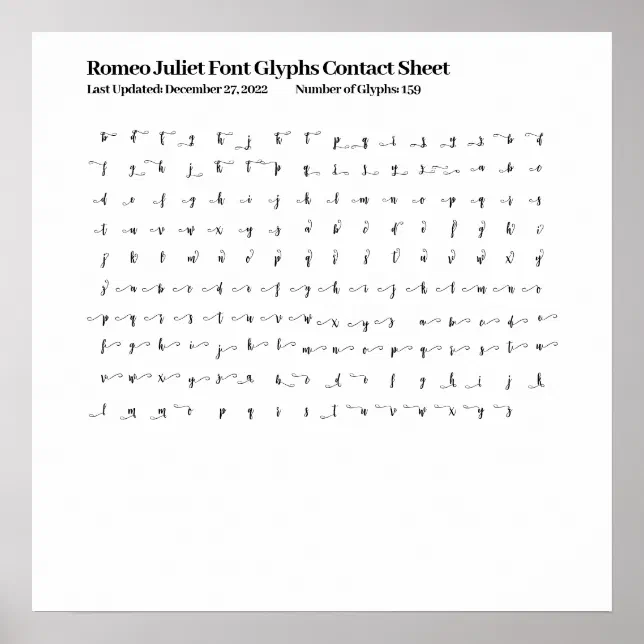 Romeo Juliet Script Font Glyphs Contact Sheet Poster | Zazzle