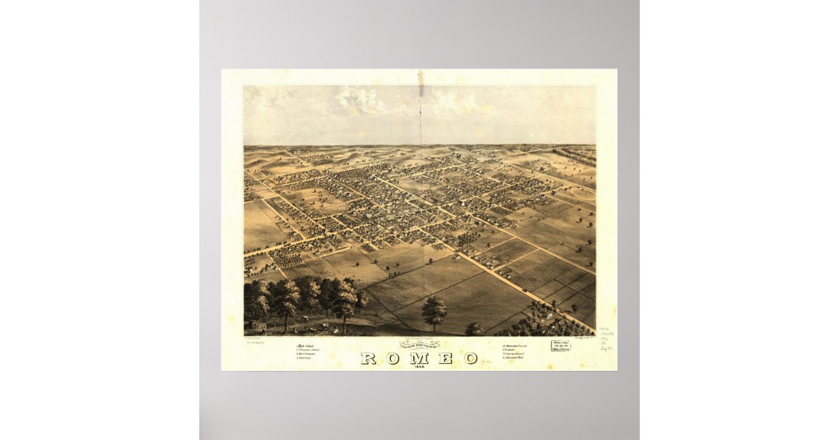 Romeo Michigan 1868 Antique Panoramic Map Poster | Zazzle