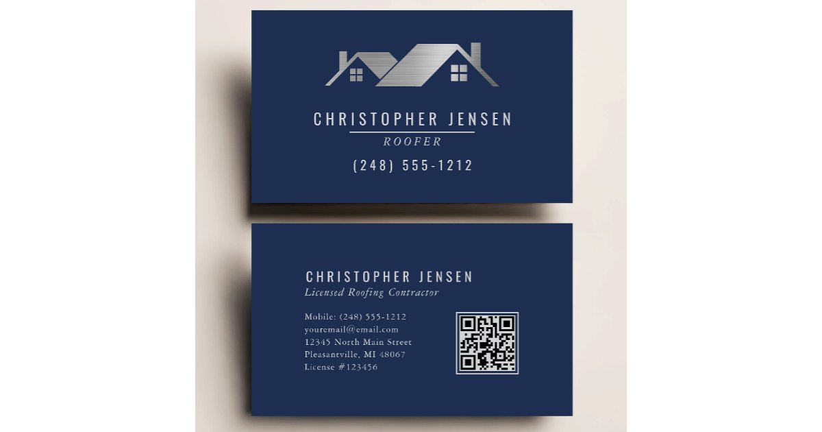 Roofer QR Code Roofing Business Navy Blue Silver Business Card | Zazzle