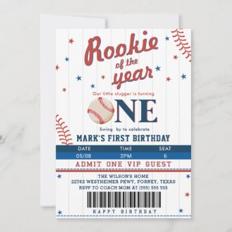 Rookie of the Year 1st Birthday Baseball Ticket Invitation | Zazzle
