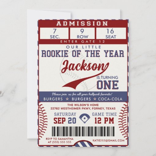 Rookie of the Year 1st Birthday Baseball Ticket Invitation | Zazzle